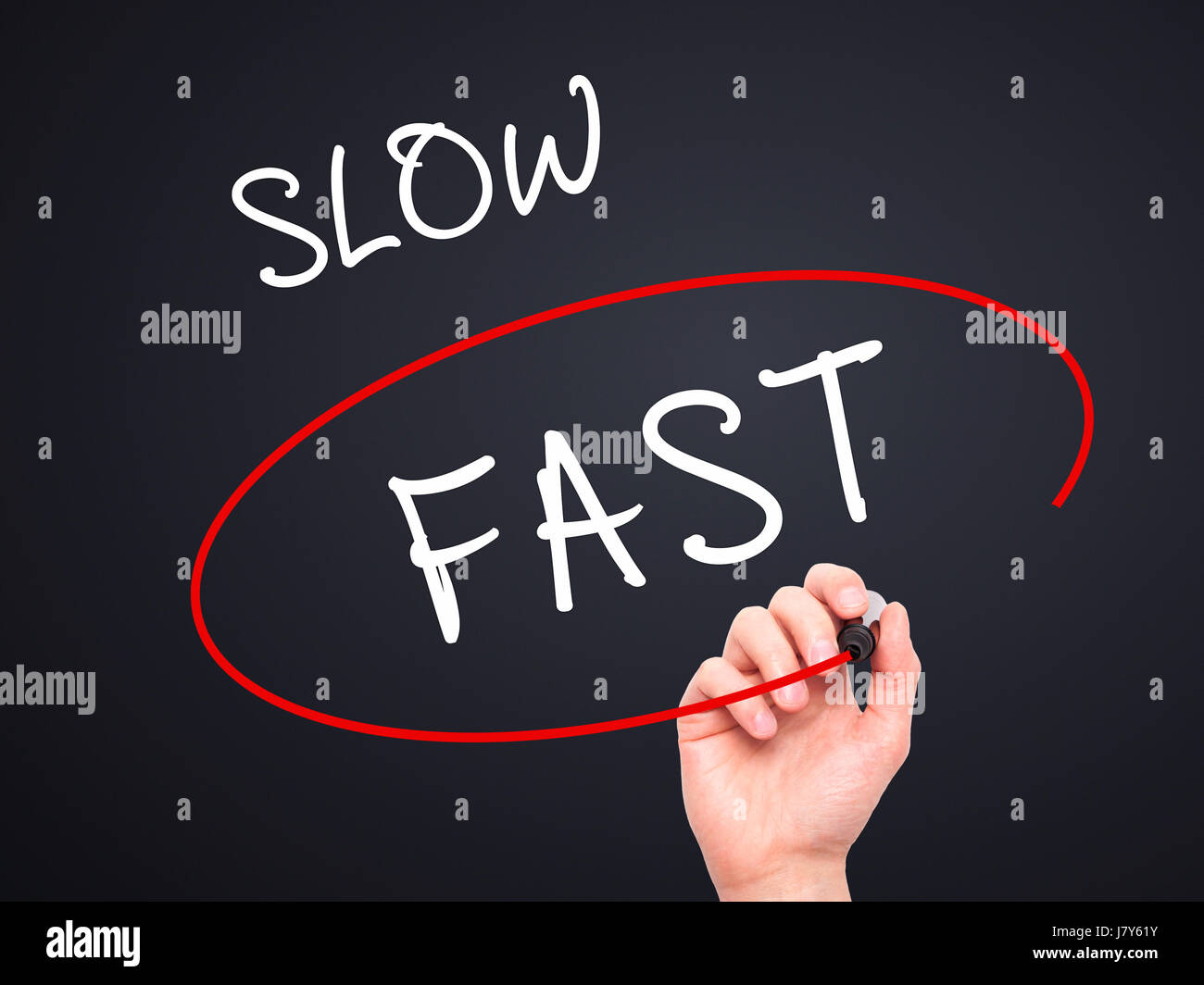 Man Hand writing and Choosing Fast instead of Slow with black marker on ...