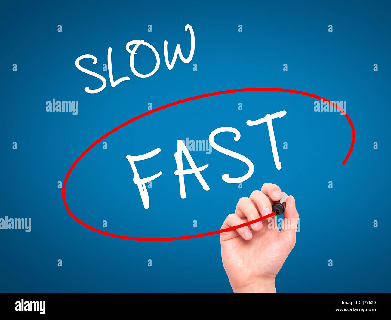 Man Hand writing and Choosing Fast instead of Slow with black marker on ...