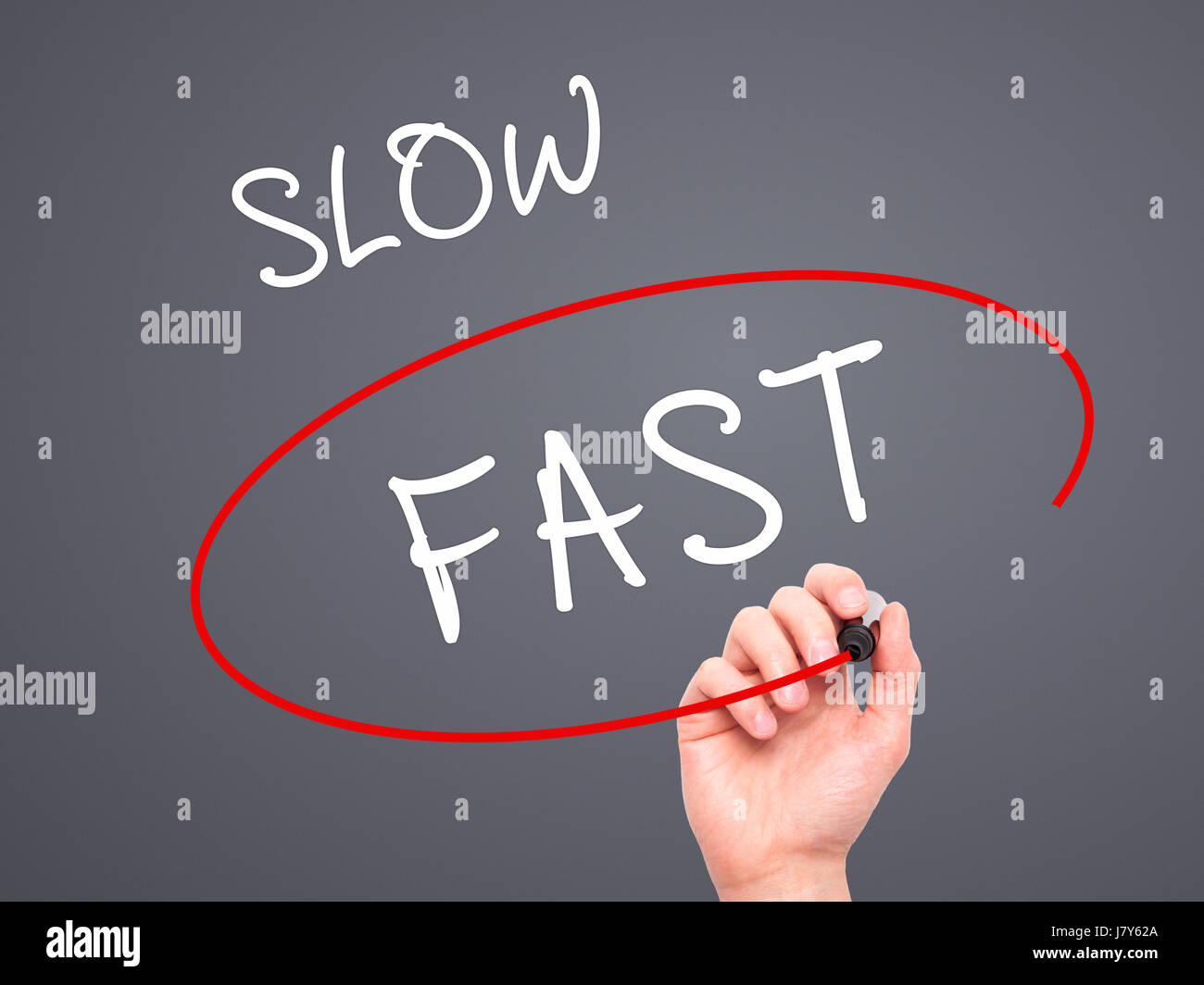 Man Hand writing and Choosing Fast instead of Slow with black marker on ...