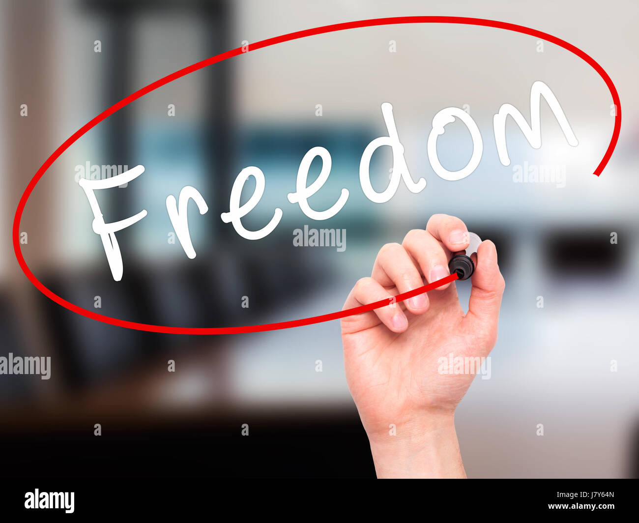 Man Hand writing Freedom with black marker on visual screen. Isolated ...