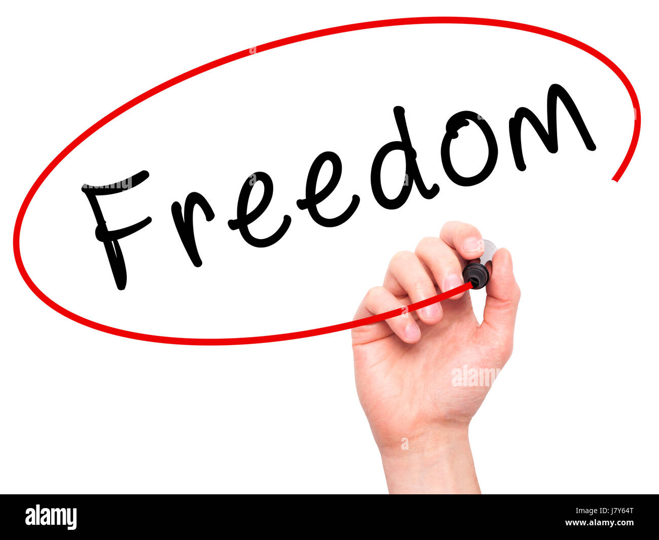 Man Hand writing Freedom with black marker on visual screen. Isolated ...