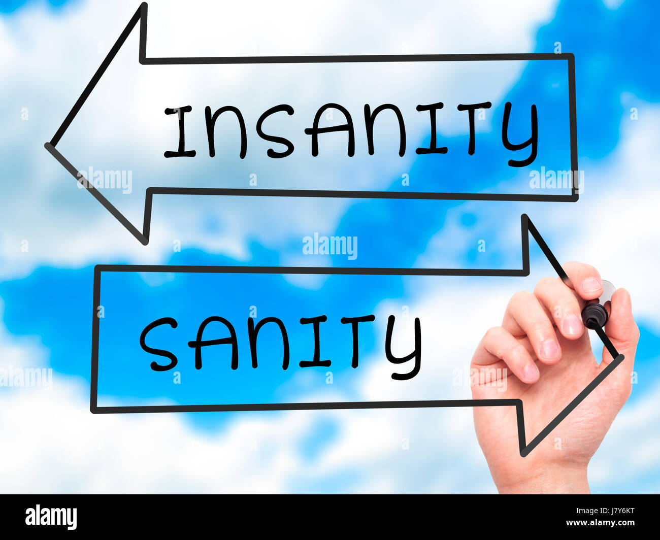 Man Hand writing and choosing Sanity instead of Insanity with black ...