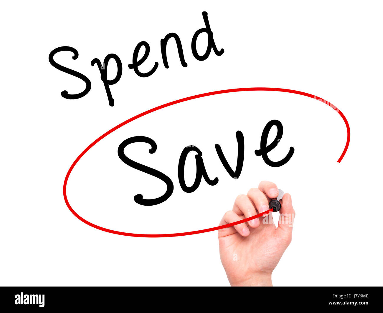 Man Hand writing and choosing Save instead of Spend with black marker ...