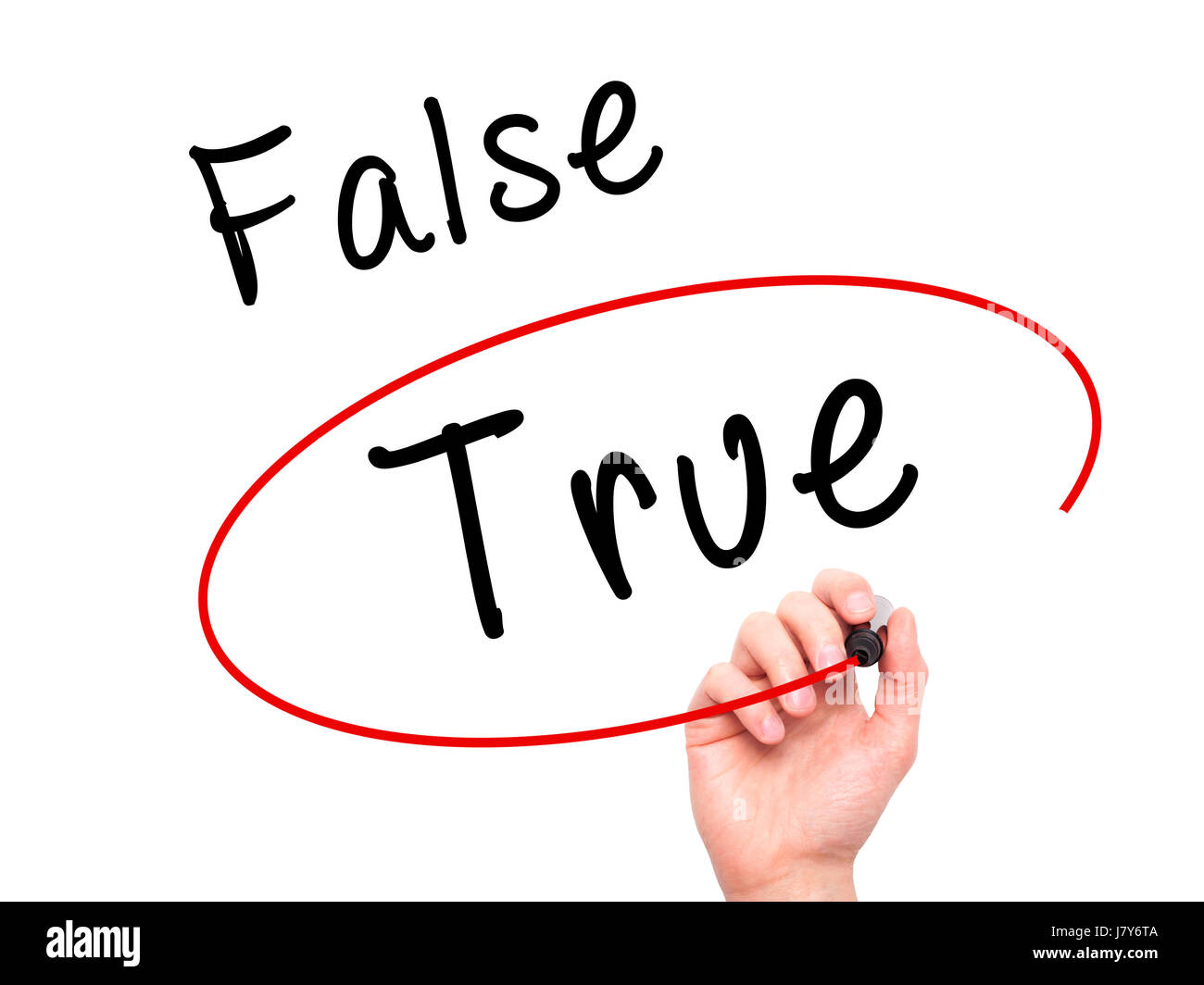 Man Hand writing an choosing True instead of False with black marker on ...