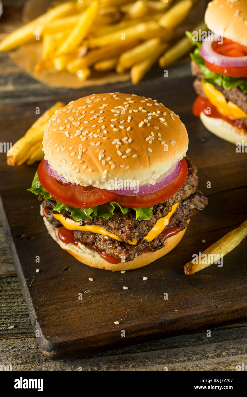 Homemade Square Beef Cheeseburger with Lettuce Tomato Onion and Fries ...