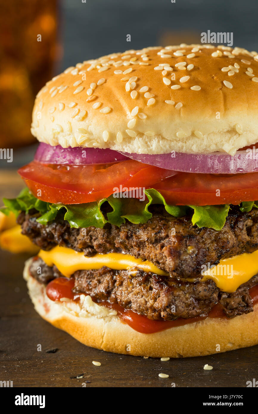 Homemade Square Beef Cheeseburger with Lettuce Tomato Onion and Fries ...