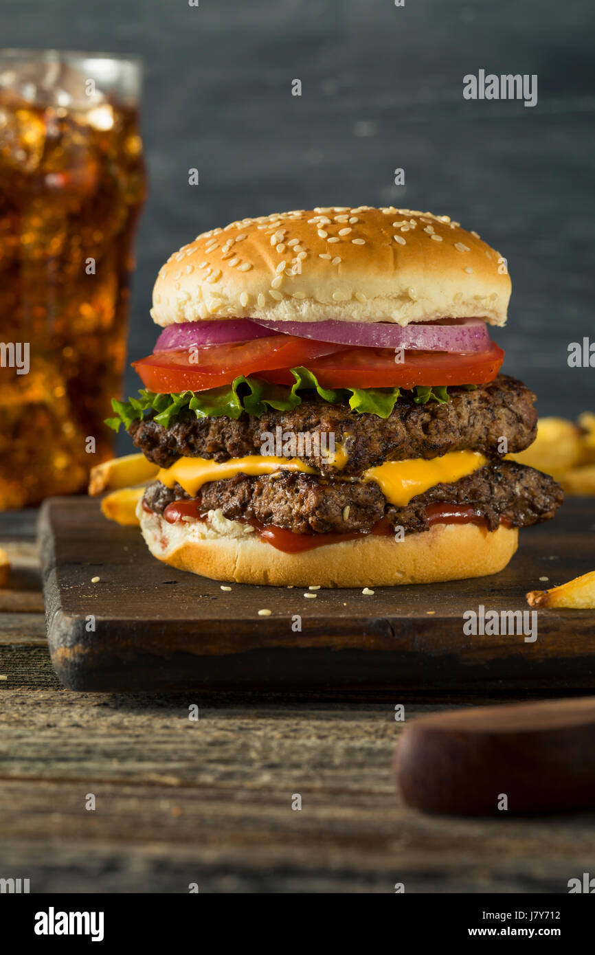Homemade Square Beef Cheeseburger with Lettuce Tomato Onion and Fries ...