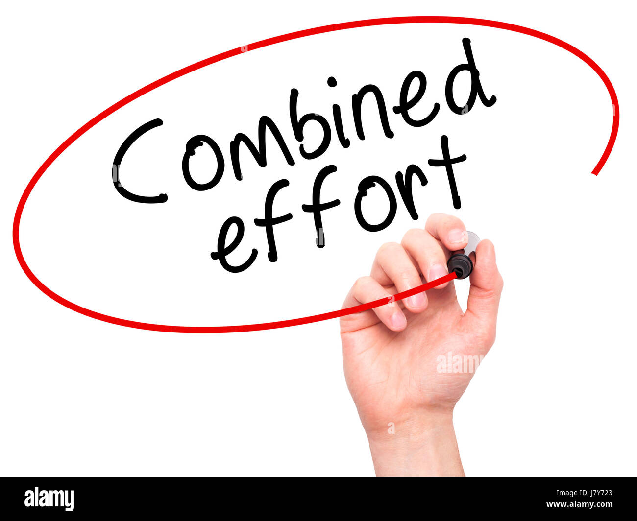 Man Hand writing Combined effort with black marker on visual screen ...