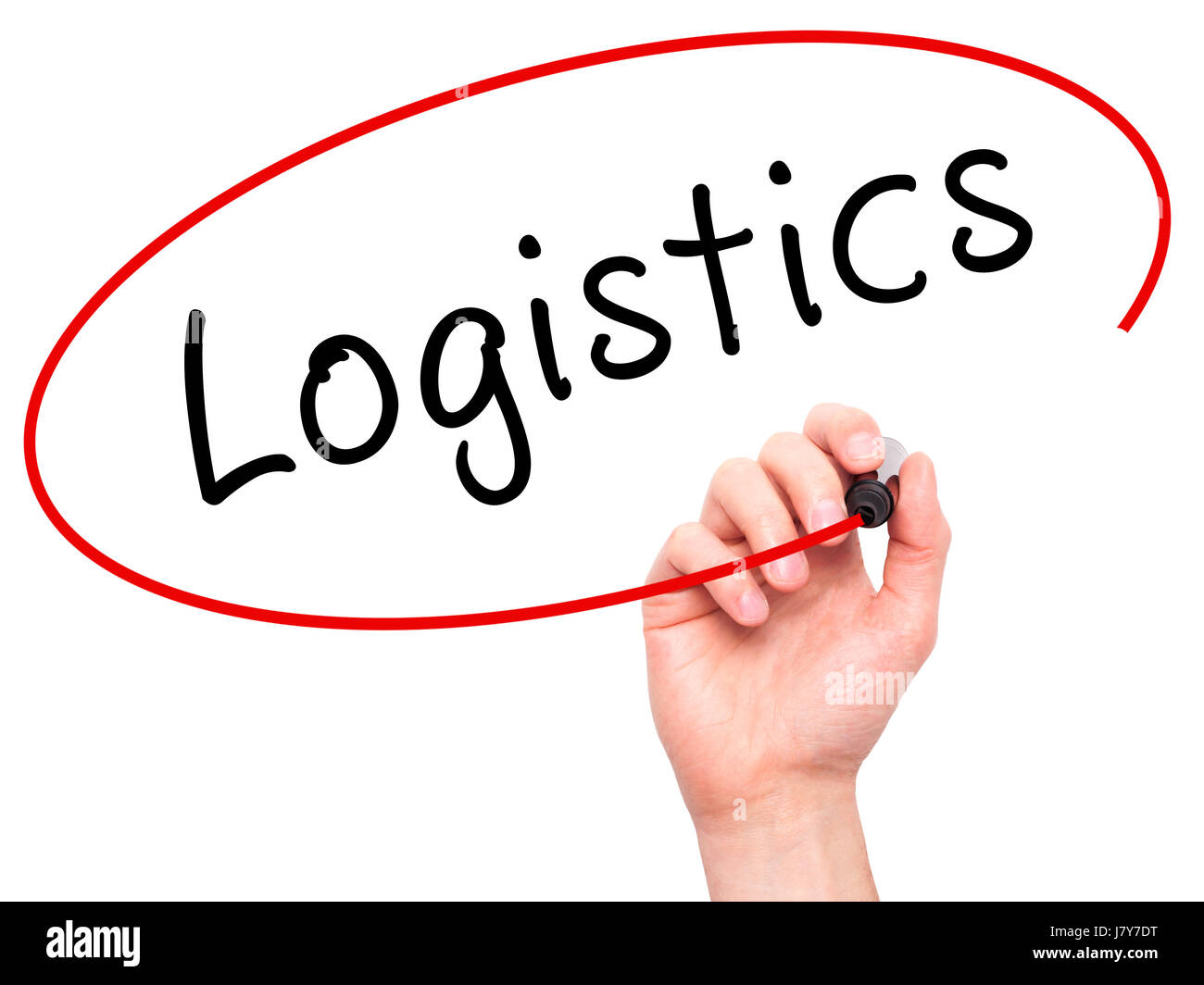 Man Hand writing Logistics with black marker on visual screen. Isolated ...