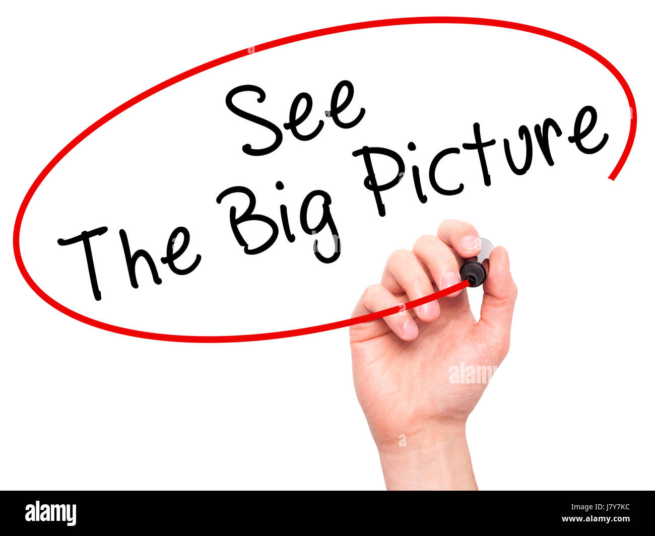 Man Hand writing See The Big Picture with black marker on visual screen ...
