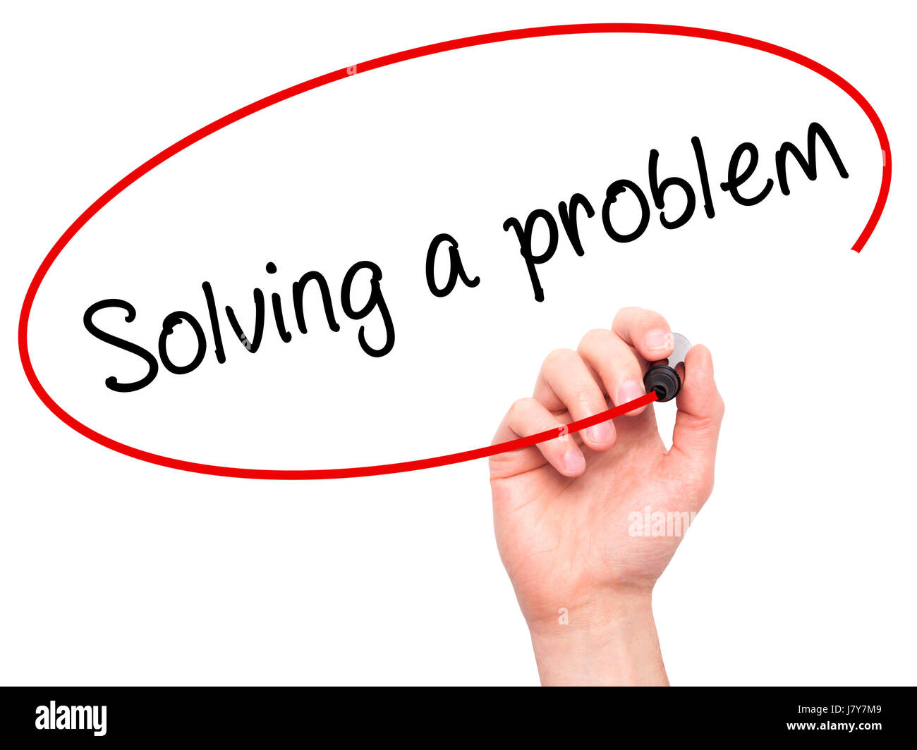 Man Hand writing Solving a problem with black marker on visual screen ...