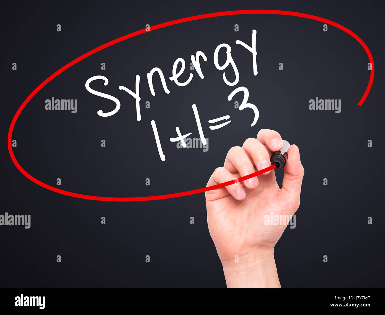 Man Hand writing Synergy concept 1+1=3 with black marker on visual ...