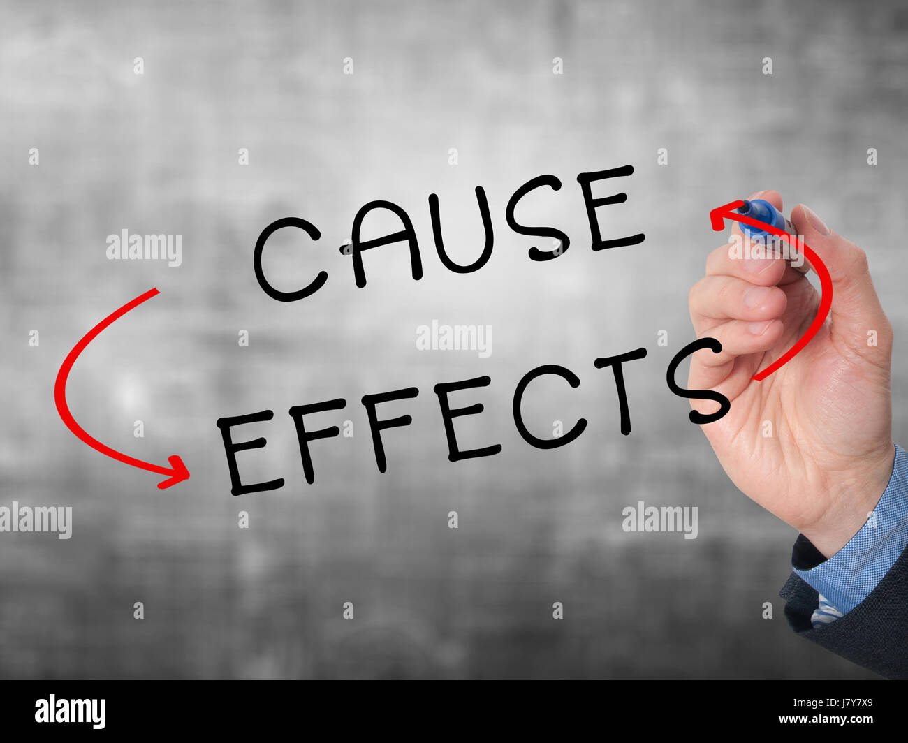 Hand writing Cause and Effect concept with marker on transparent wipe ...