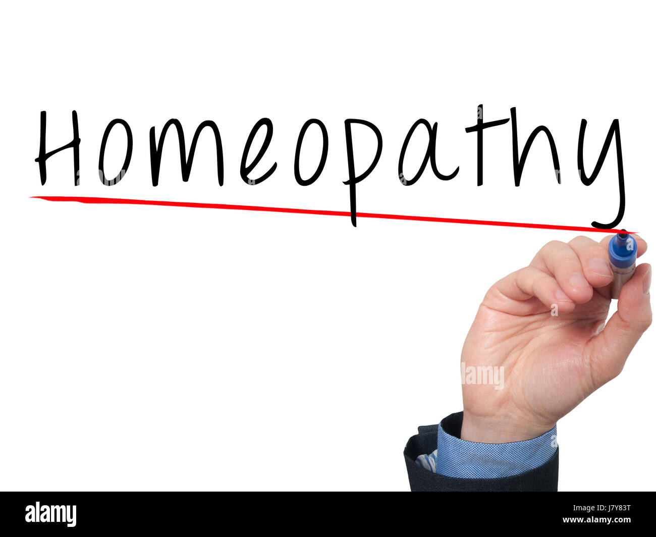 Man Hand writing Homeopathy with marker on transparent wipe board ...