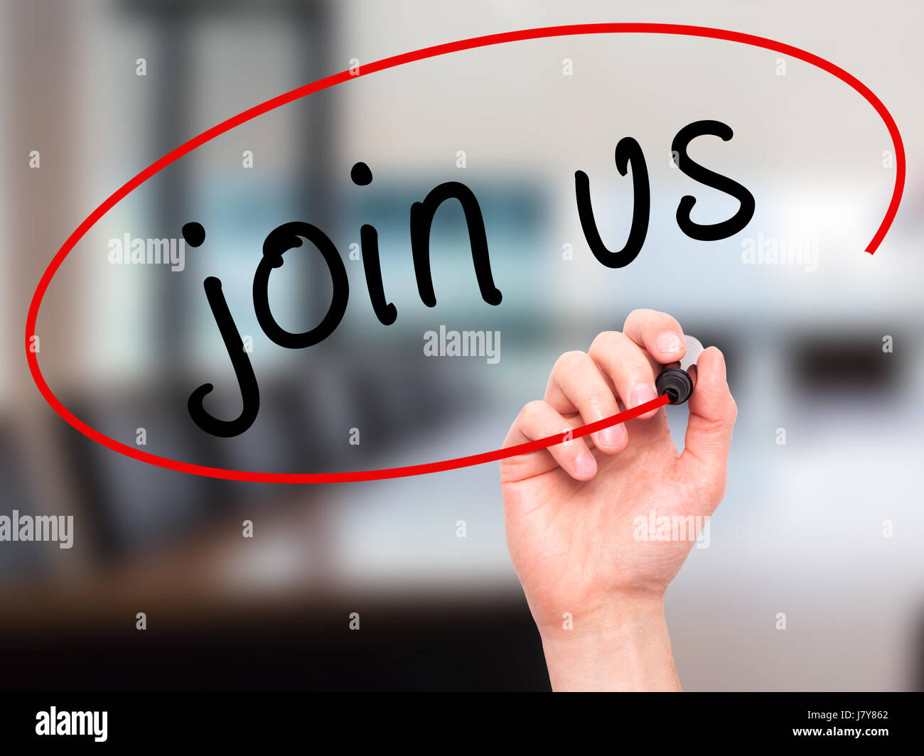 join us words written by man hand on a transparent board. Isolated on ...