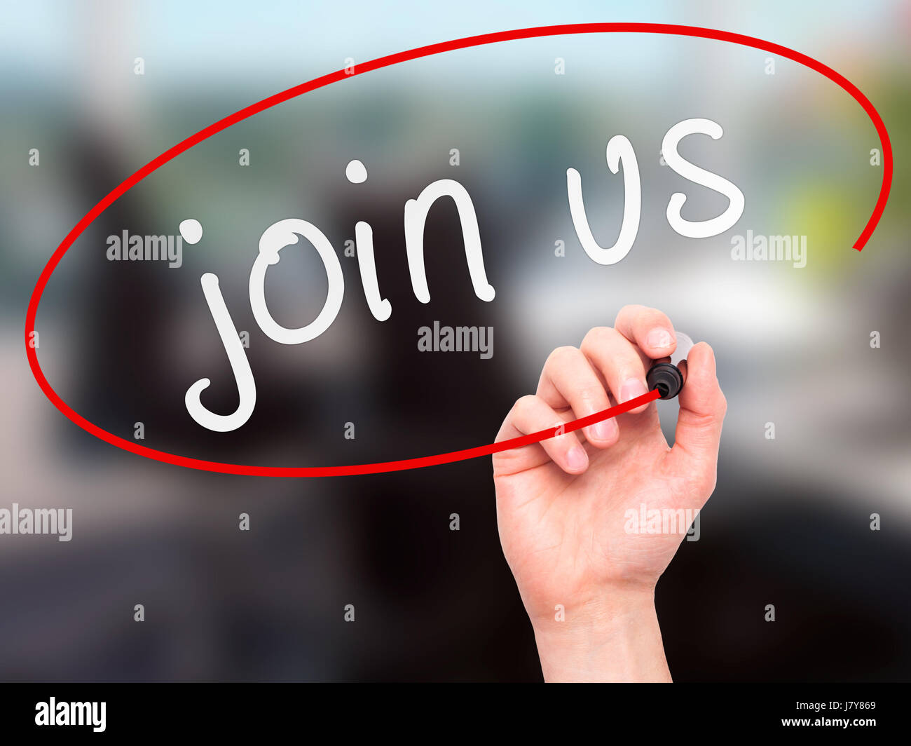 join us words written by man hand on a transparent board. Isolated on ...