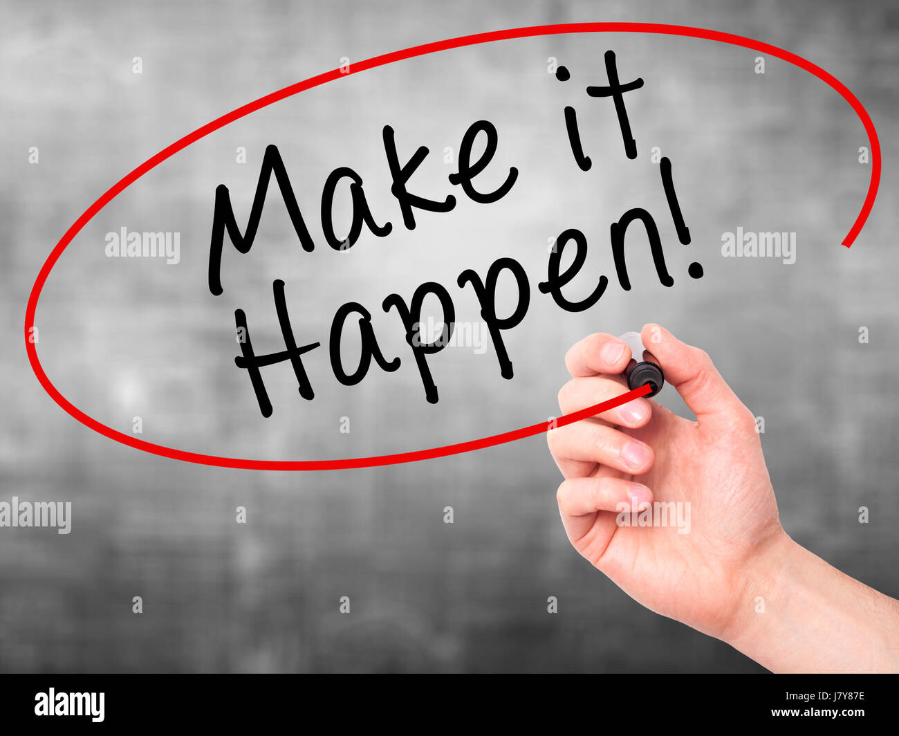 Man hand writing Make it happen! on visual screen. Business, internet ...