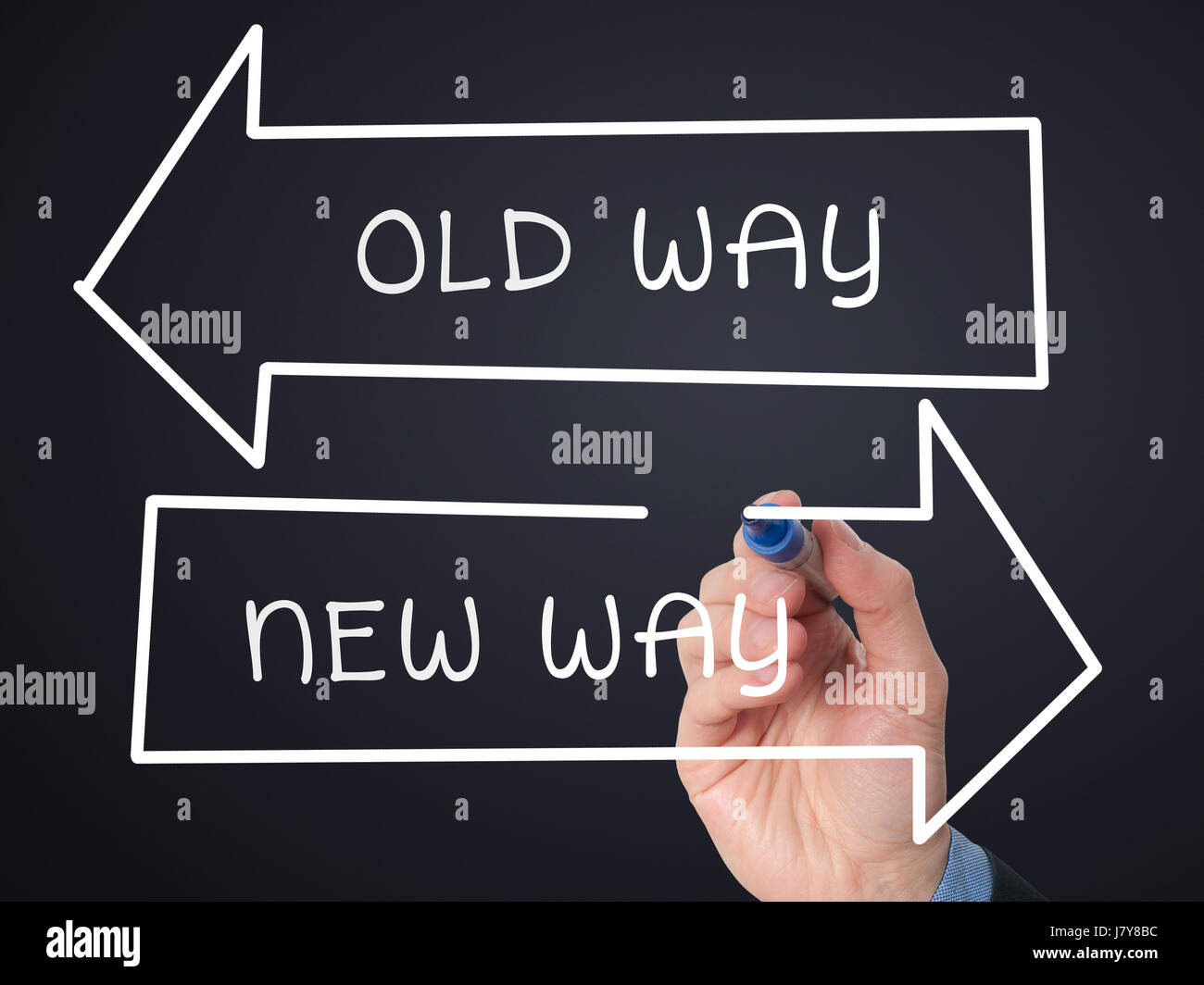 Man Hand drawing Old Way or New Way concept with marker on visual ...