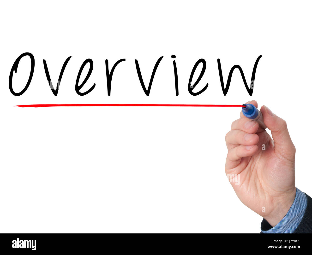 Man Hand writing Overview with marker on transparent wipe board ...