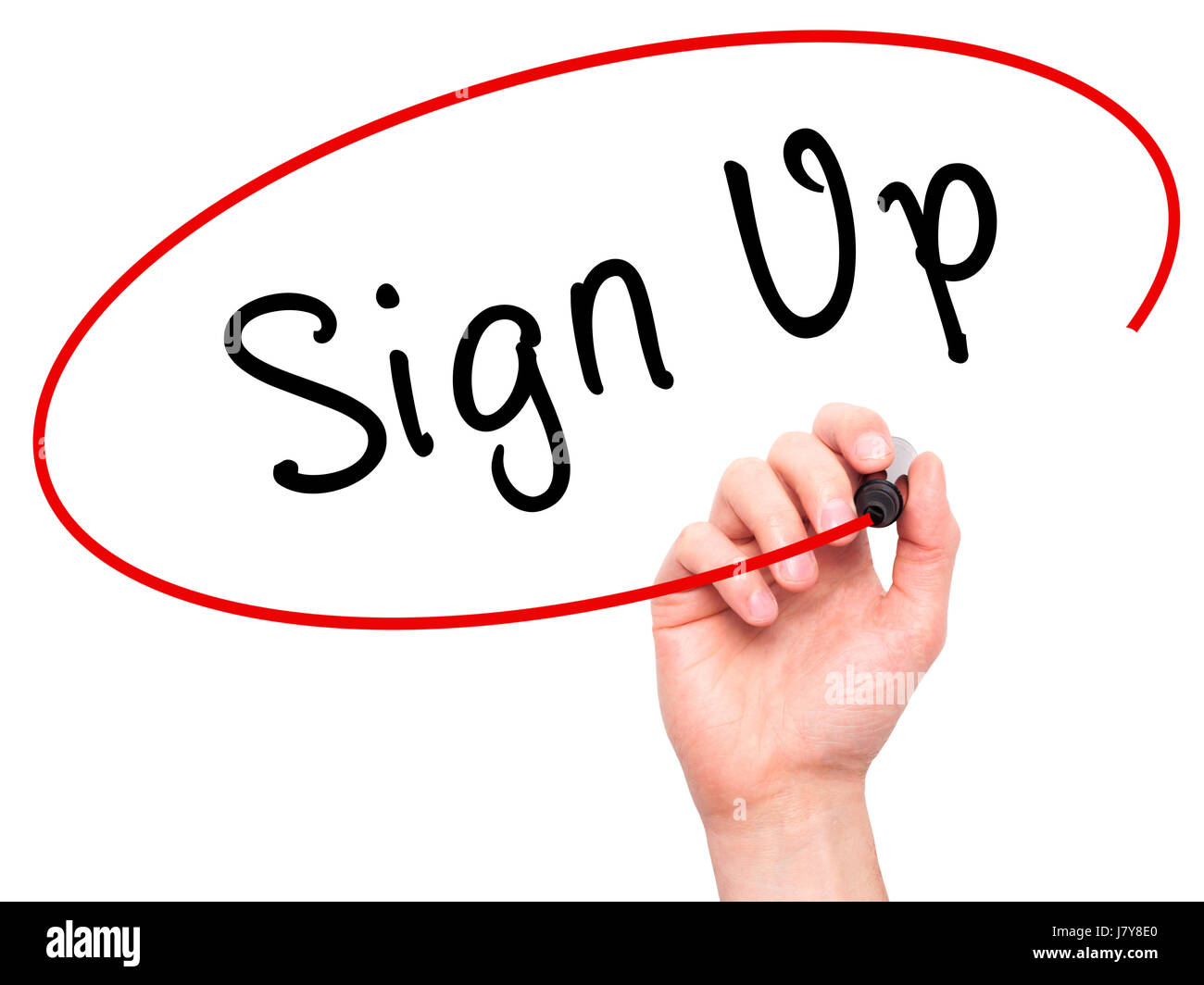 Man Hand writing Sign Up with marker on transparent wipe board ...