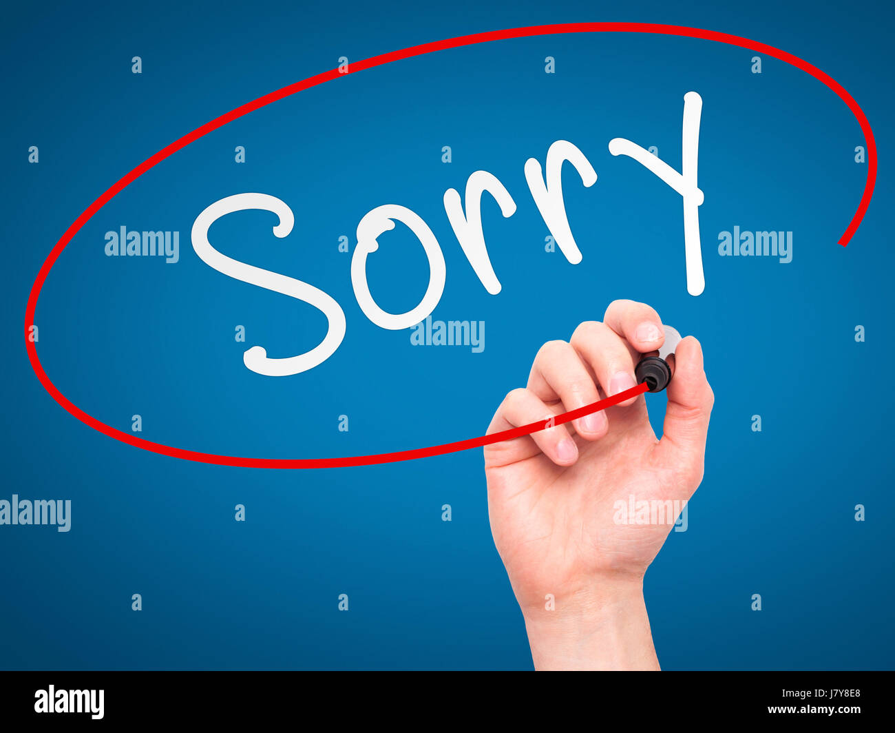 Man Hand writing Sorry with marker on transparent wipe board. Isolated ...