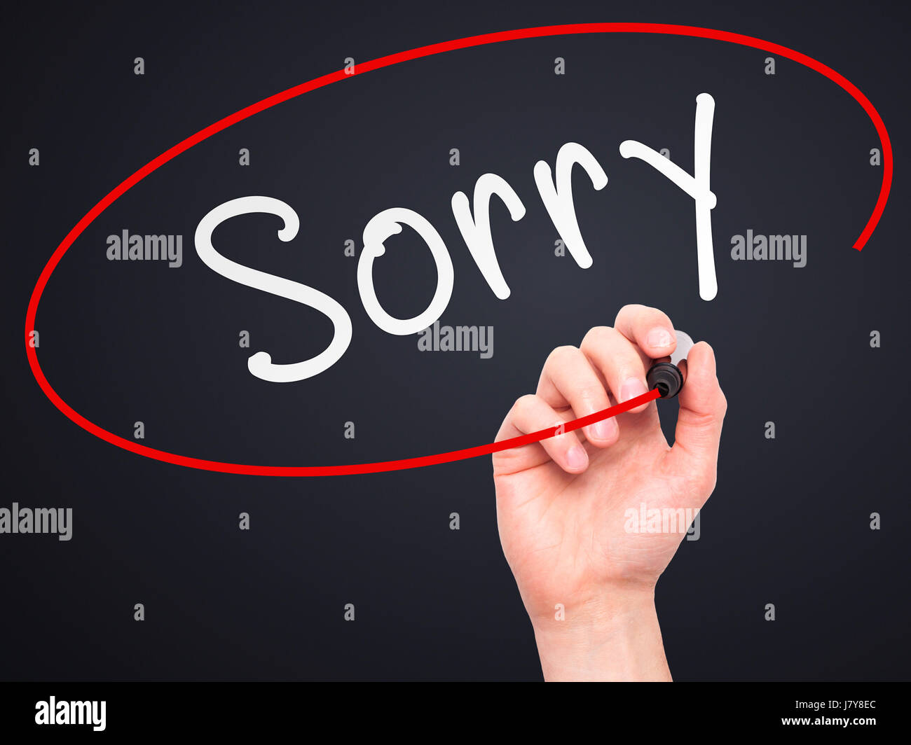 Man Hand writing Sorry with marker on transparent wipe board. Isolated ...