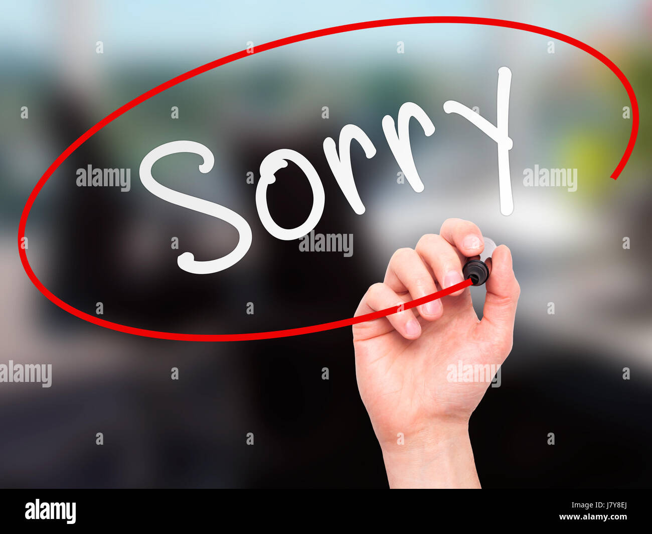 Man Hand writing Sorry with marker on transparent wipe board. Isolated ...