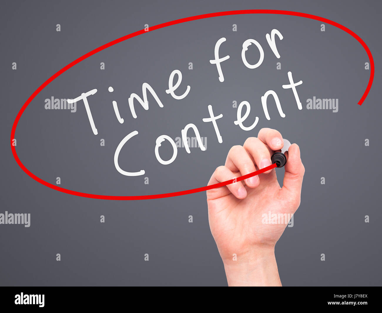 Man Hand writing Time for Content with marker on transparent wipe board ...