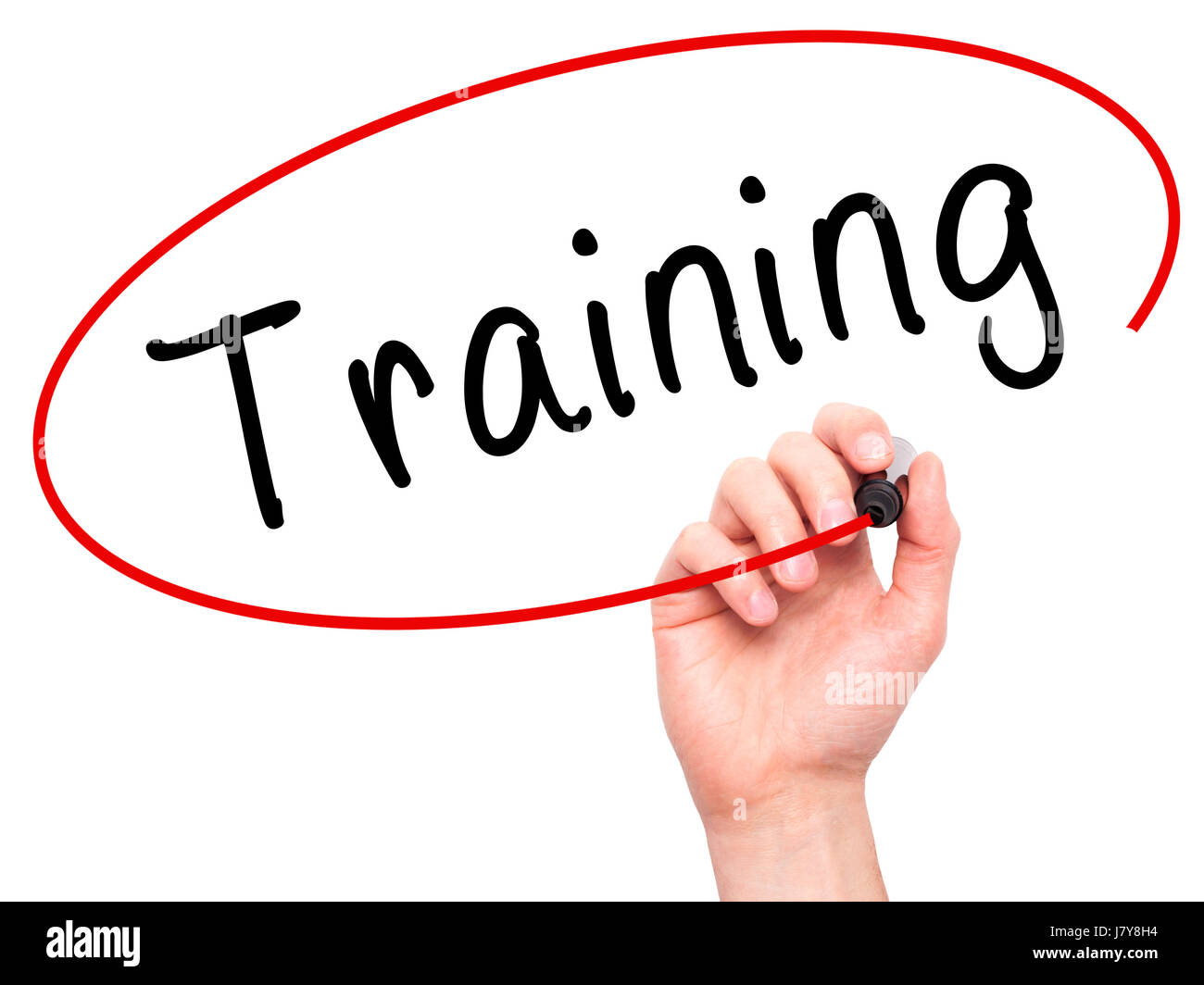 Man Hand writing Training with marker on transparent wipe board ...