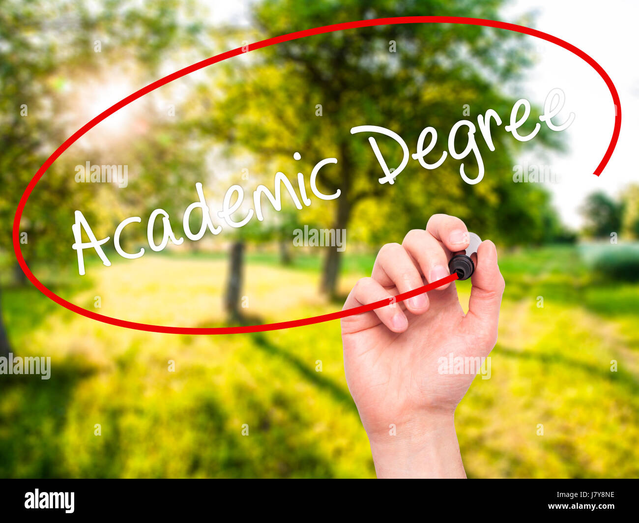 Man Hand writing Academic Degree with black marker on visual screen ...