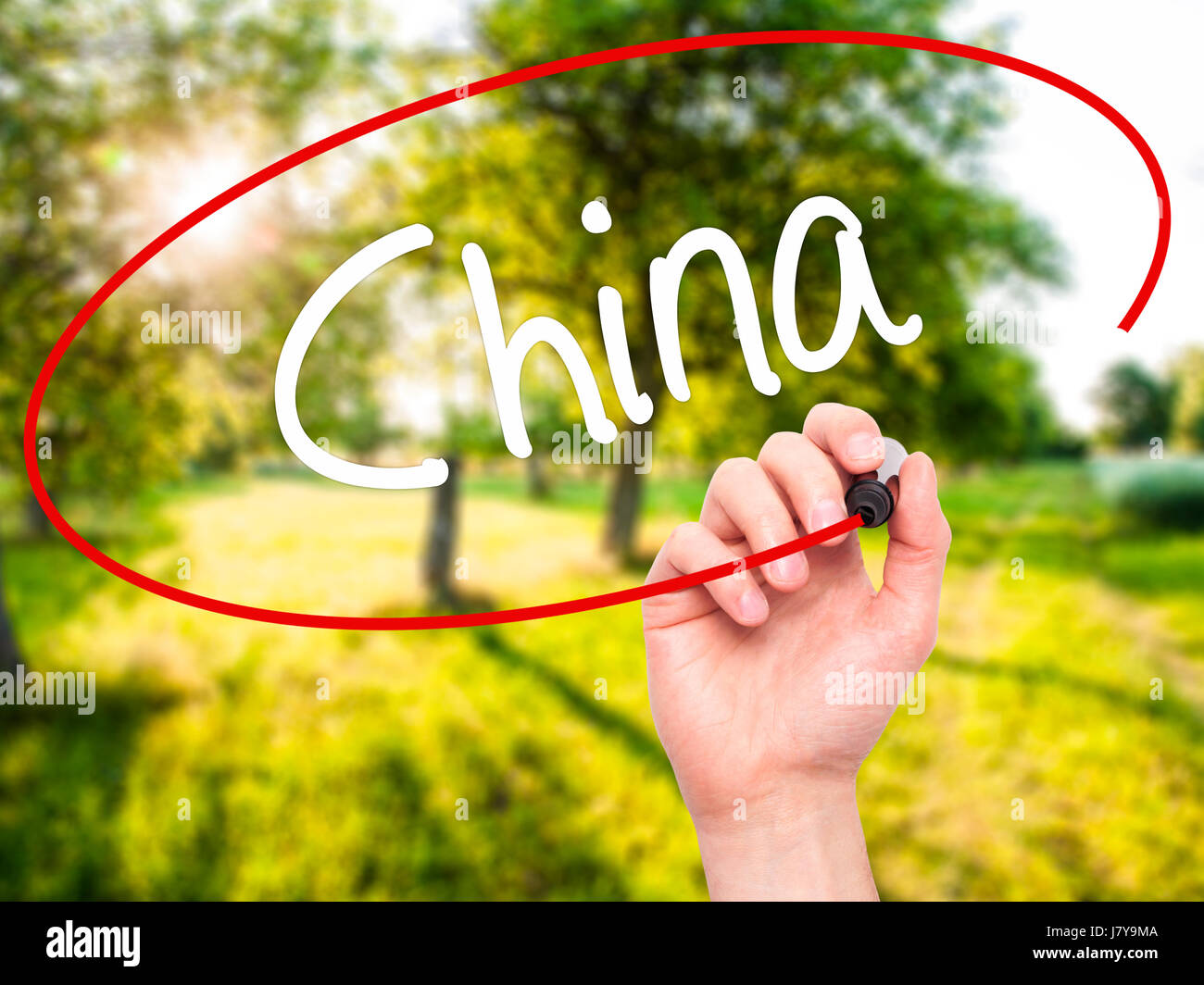 Man Hand writing China with black marker on visual screen. Isolated on ...