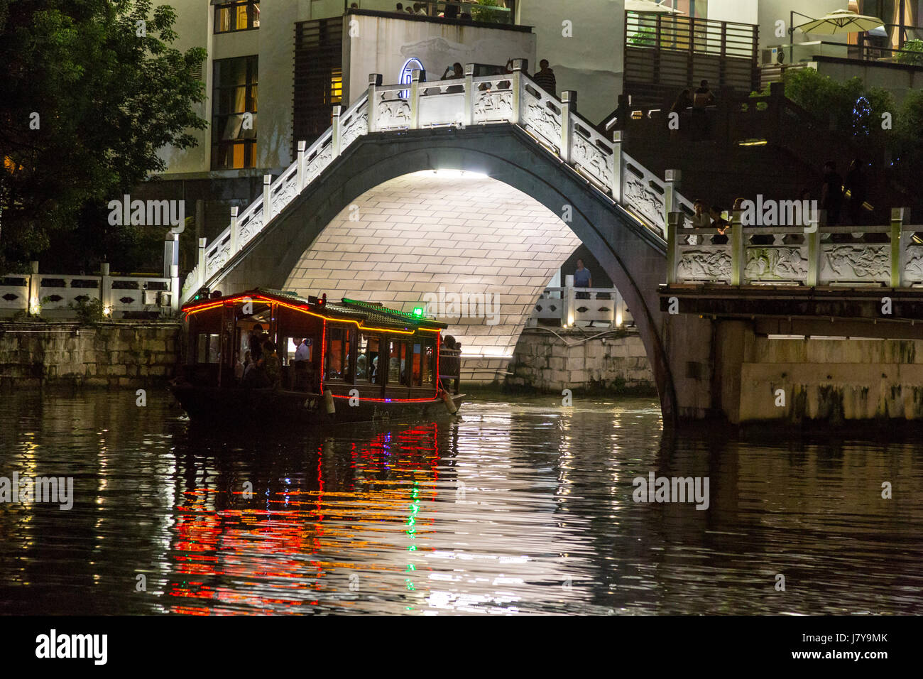Wenzhou, Zhejiang, China. Tourist Boat Passing under Bridge Over the ...