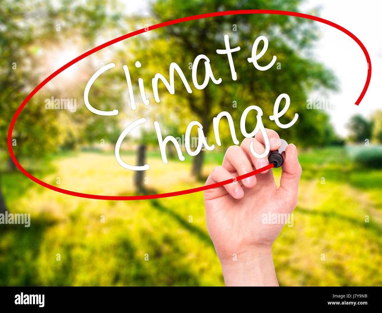 Man Hand writing Climate Change with black marker on visual screen ...