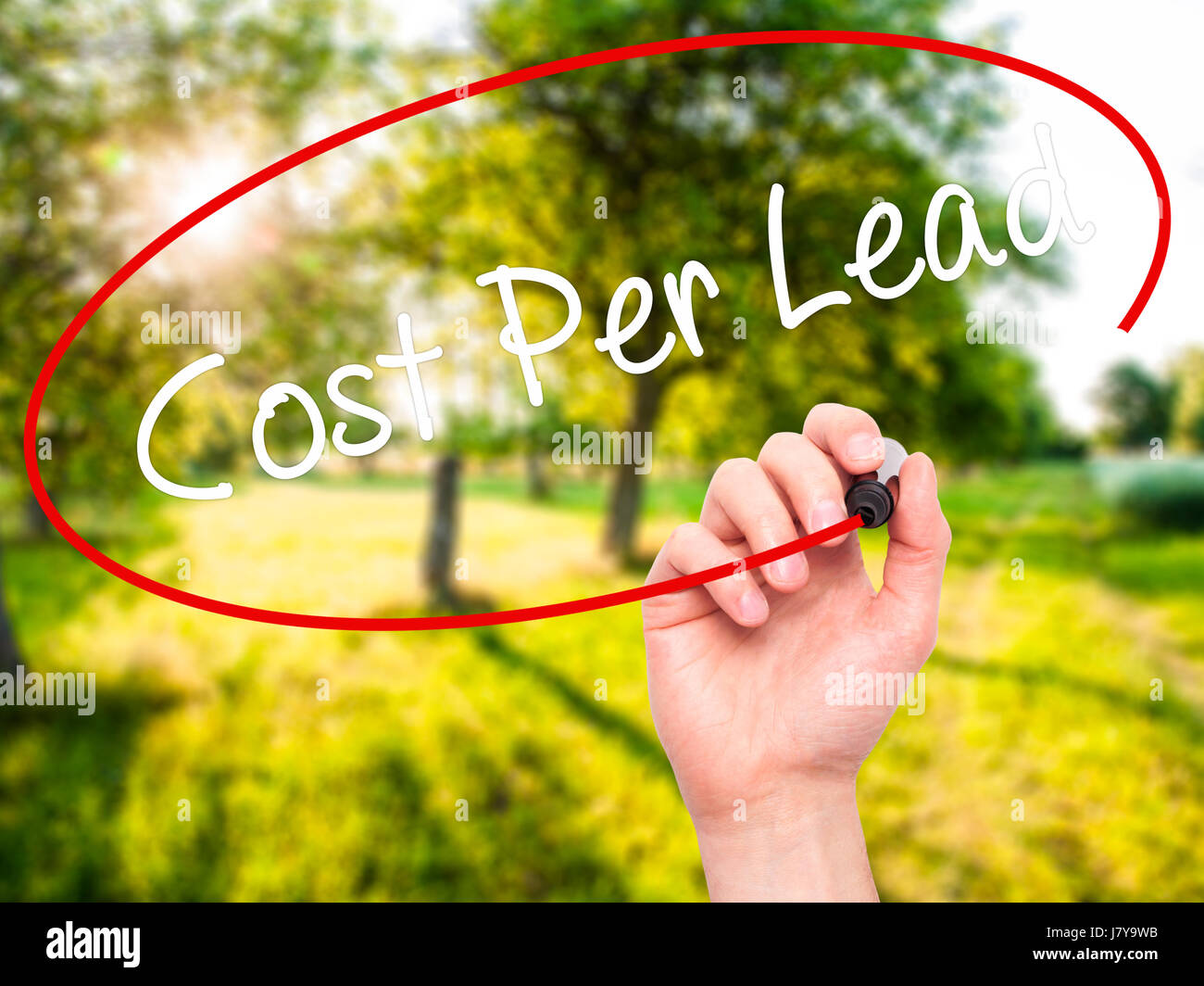 Man Hand writing Cost Per Lead with black marker on visual screen ...