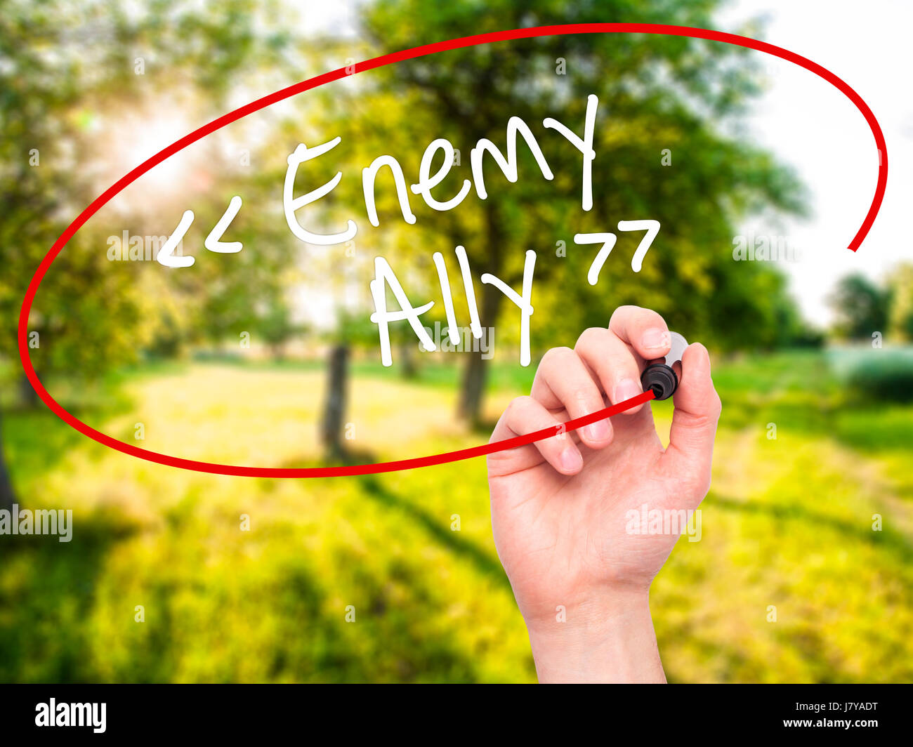 Man Hand writing Enemy - Ally with black marker on visual screen. Isolated on background ...