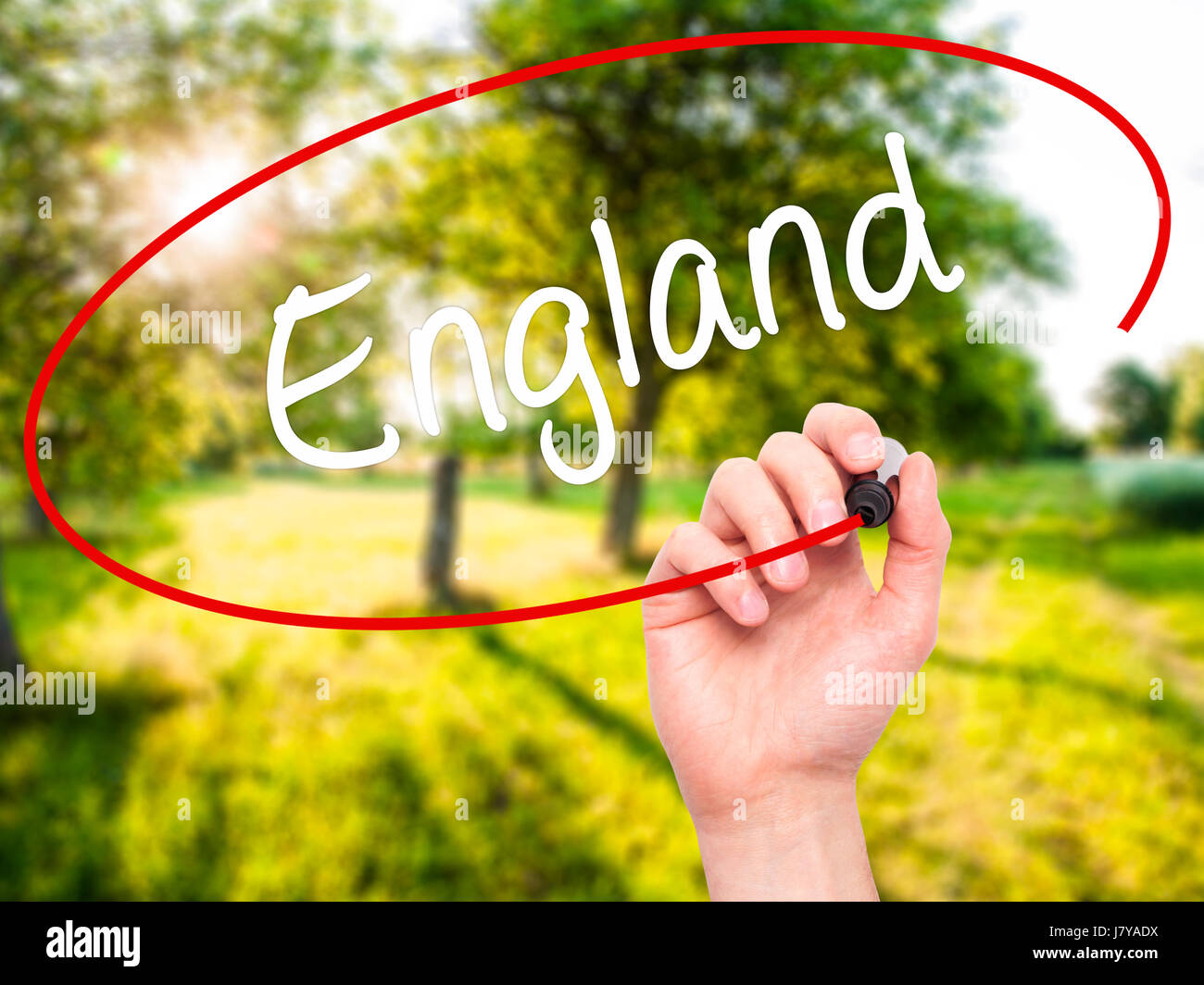 Man Hand writing England with black marker on visual screen. Isolated ...