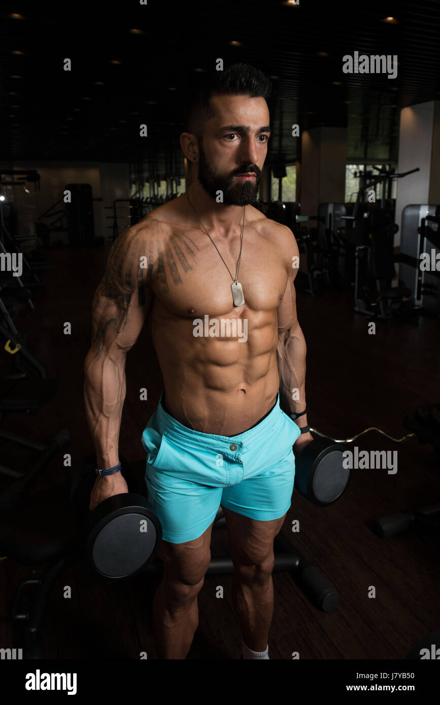 Man Working Out Biceps In A Gym - Dumbbell Concentration Curls Stock ...