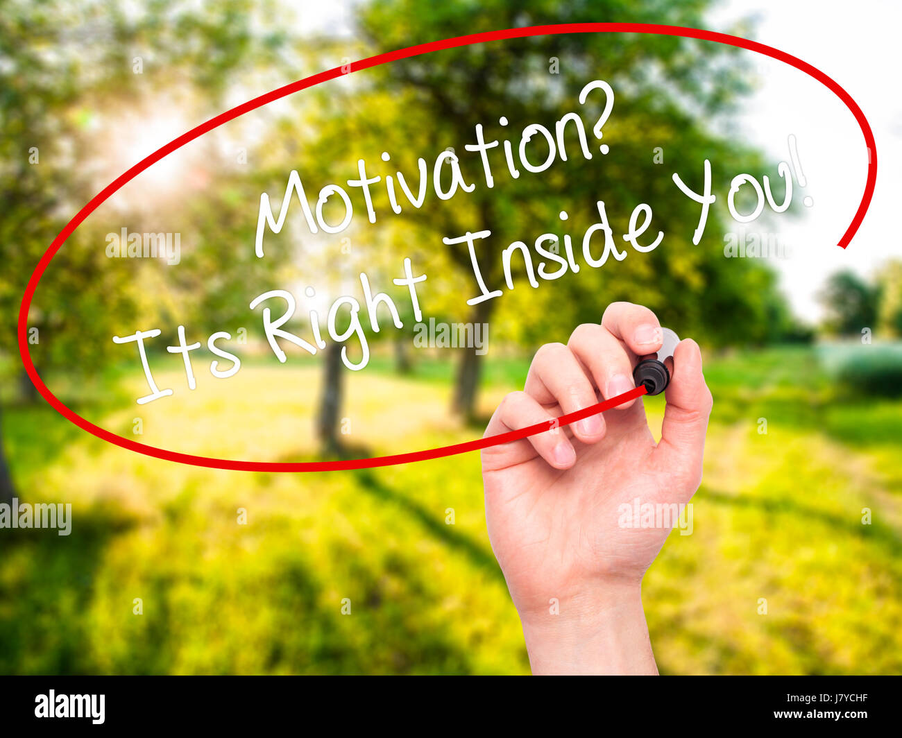 Man Hand writing Motivation? Its Right Inside You! with black marker on ...