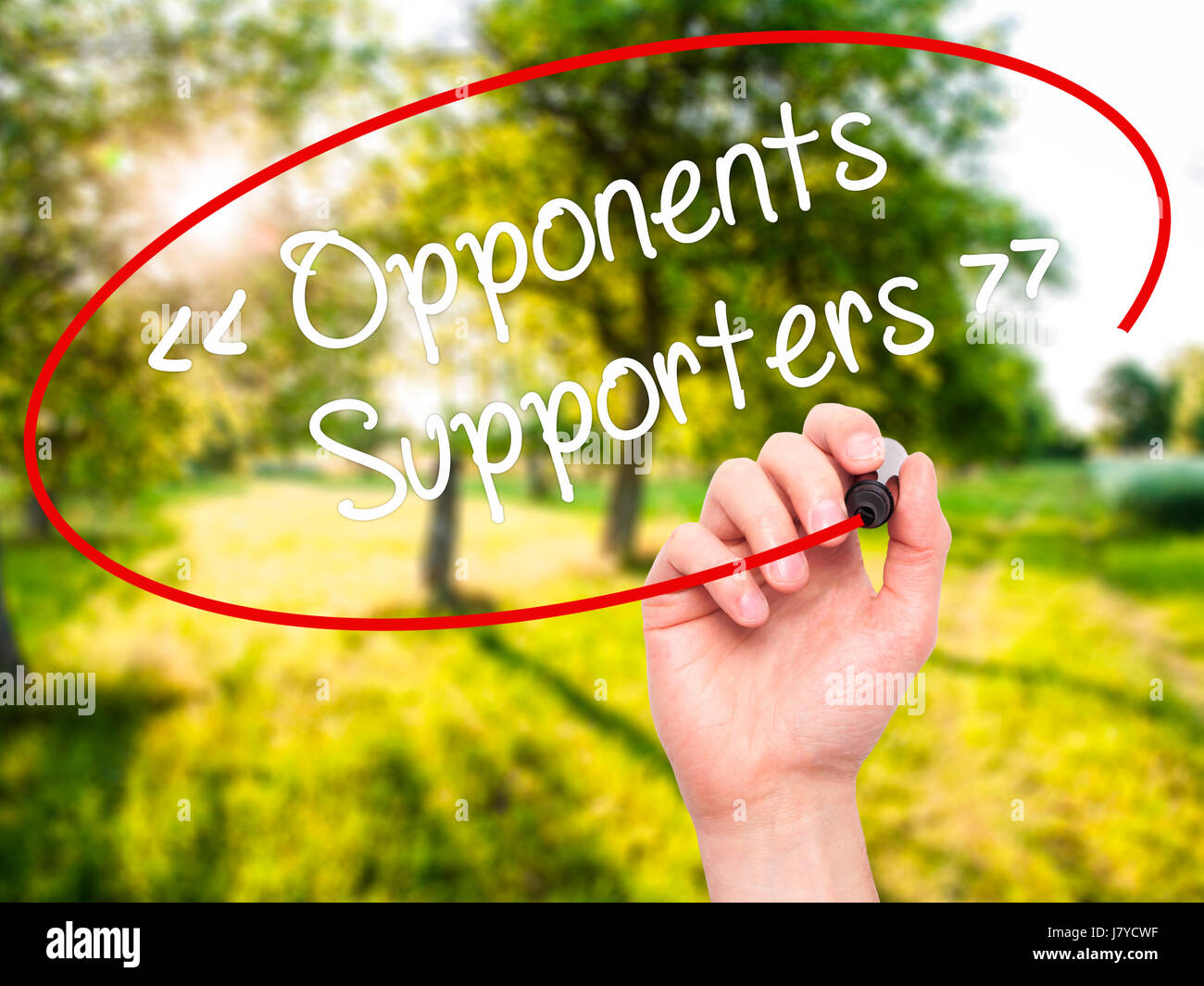 Man Hand writing Opponents - Supporters with black marker on visual ...