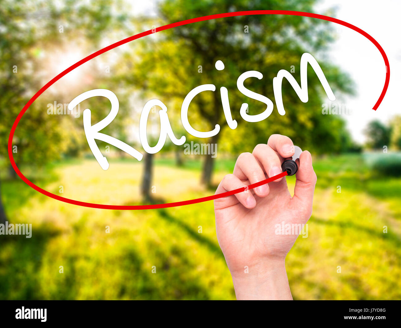 Man Hand writing Racism with black marker on visual screen. Isolated on ...