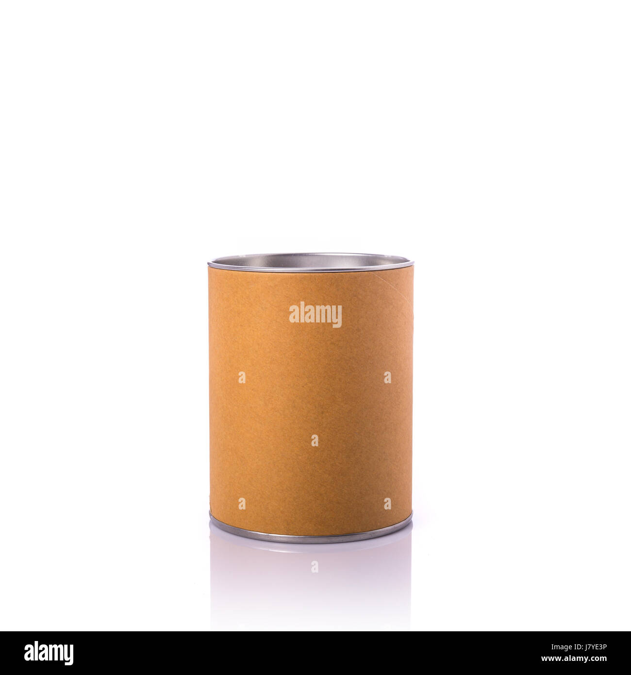 New brown round paper box with silver cap. Studio shot isolated on ...