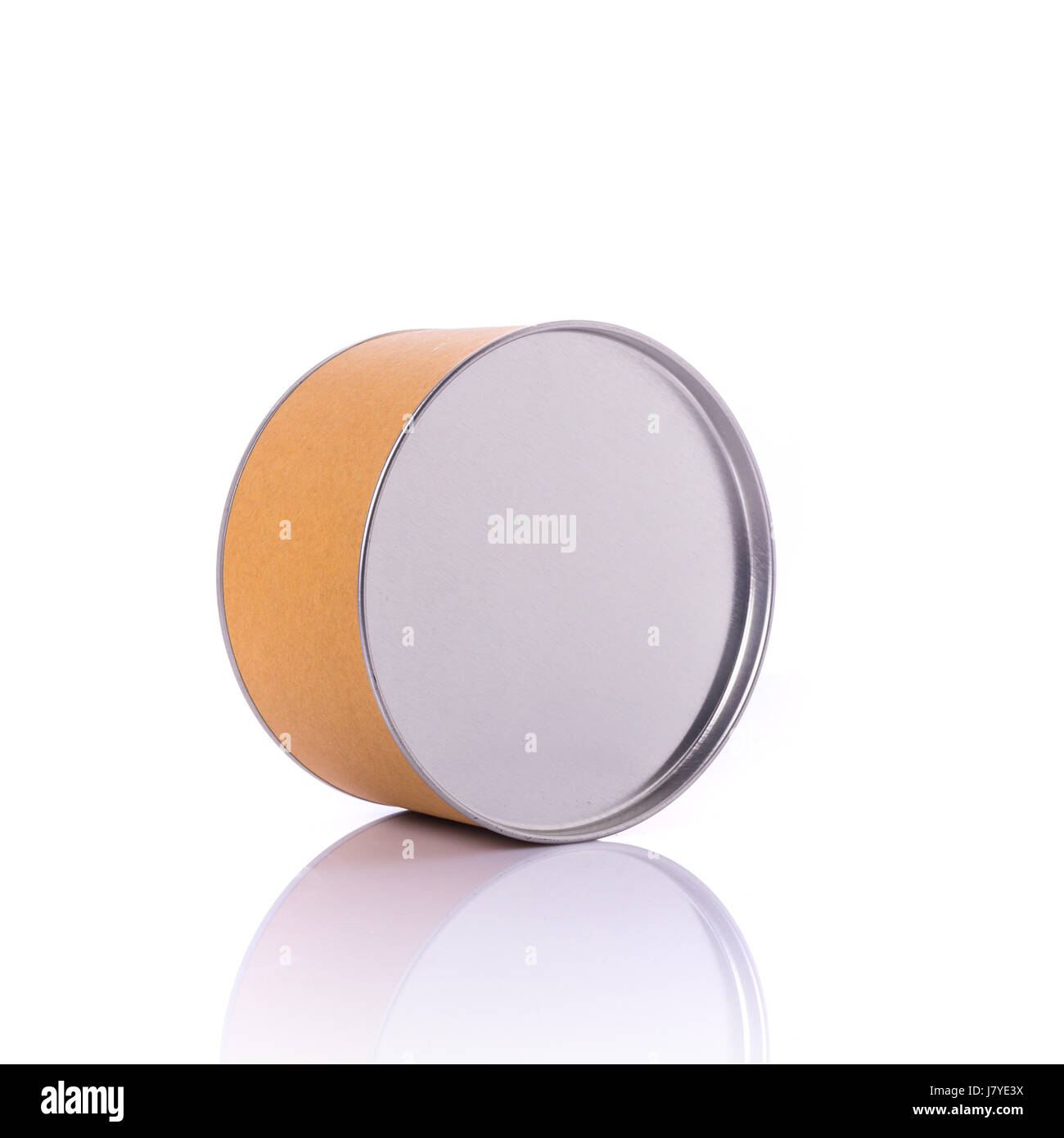 New brown round paper box with silver cap. Studio shot isolated on ...