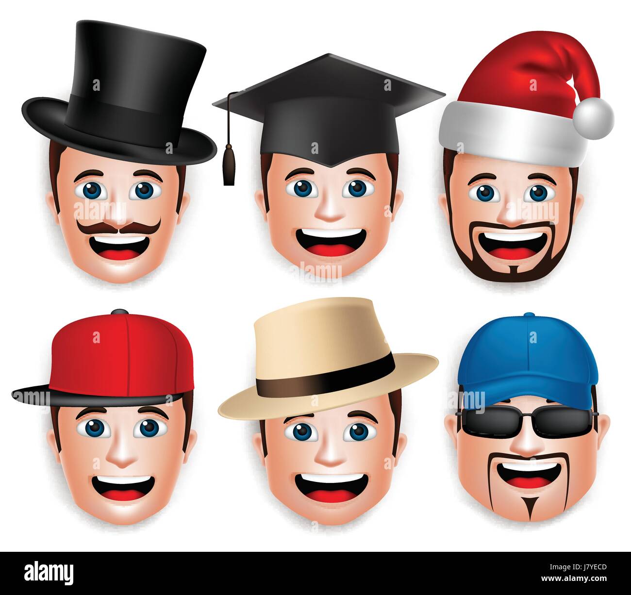Vector Set of Realistic Face Head of Man Collections of Hats Isolated ...