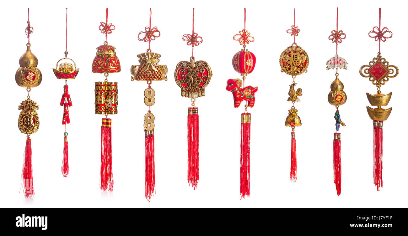 Set of gold and red Chinese new year decoration isolated on white ...