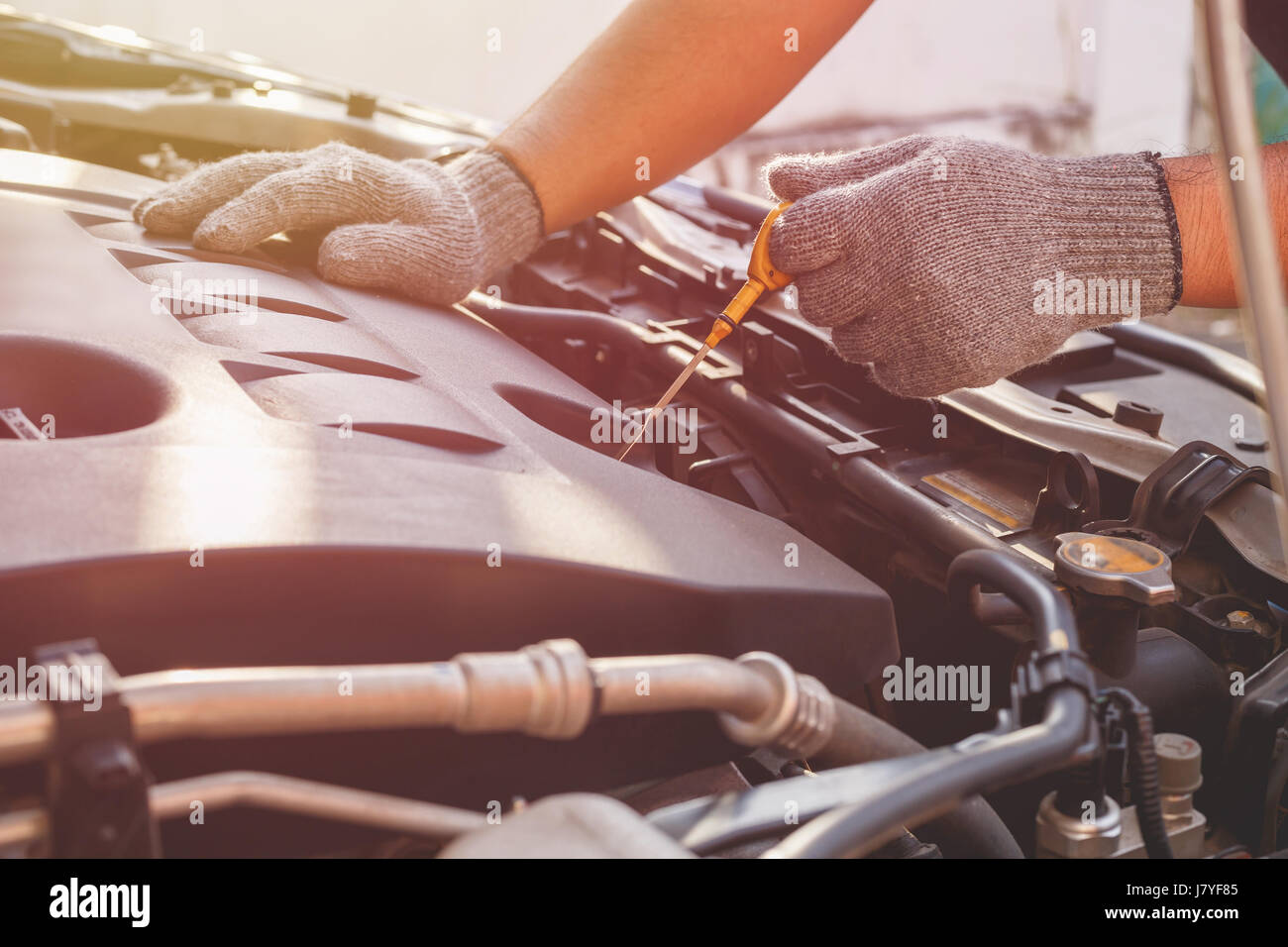 Hand of technician checking or fixing engine of modern car Stock Photo ...