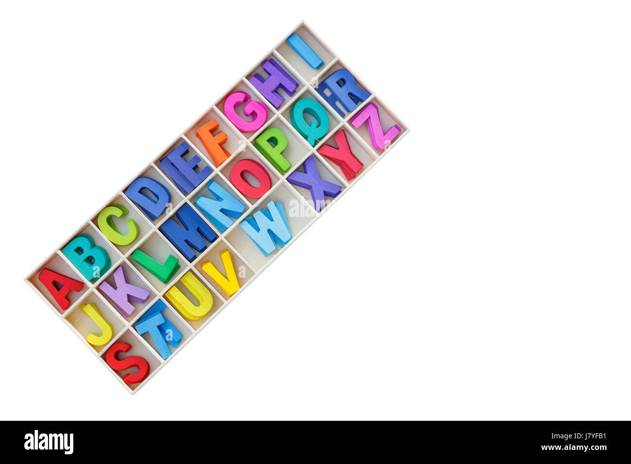 Colorful wooden alphabet in square box. Top view. Isolated on white ...