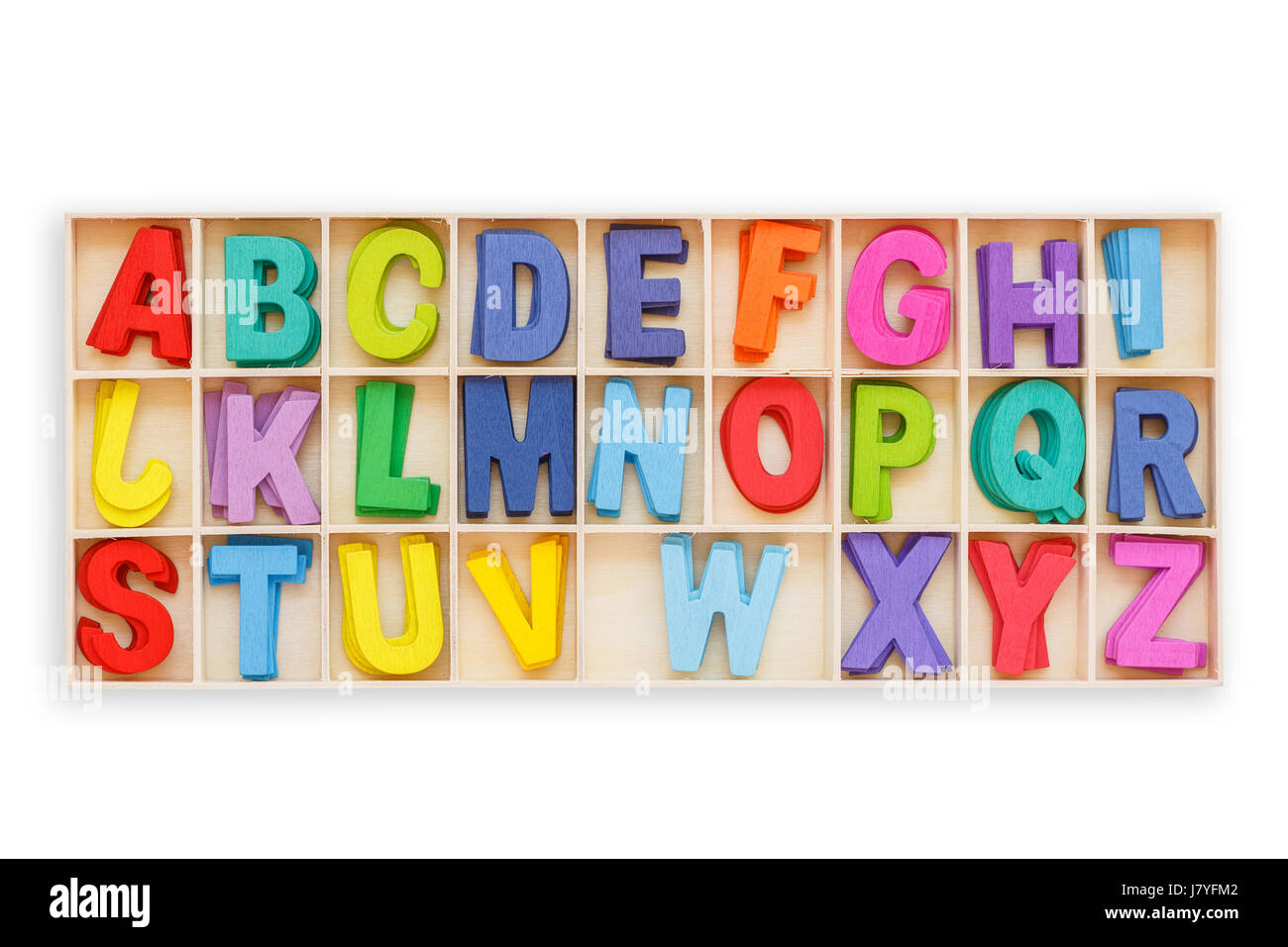 Colorful wooden alphabet in square box. Top view. Isolated on white ...