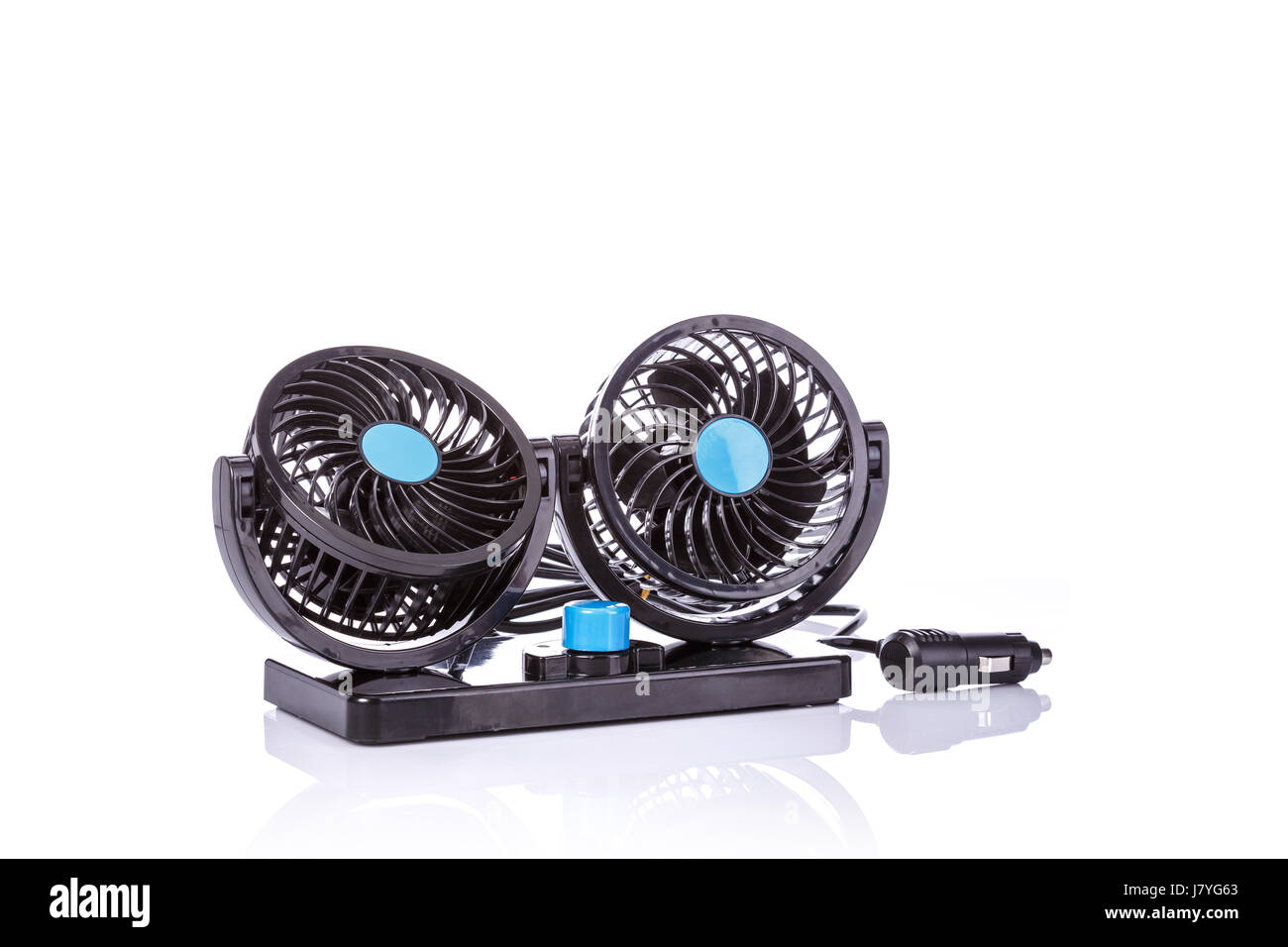 Black mini fan use in the car. studio shot isolated on white background ...