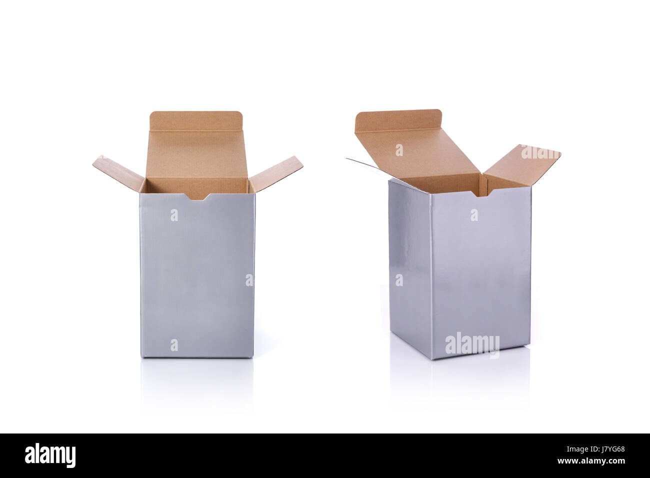 Grey blank open carton box. studio shot isolated on white background ...