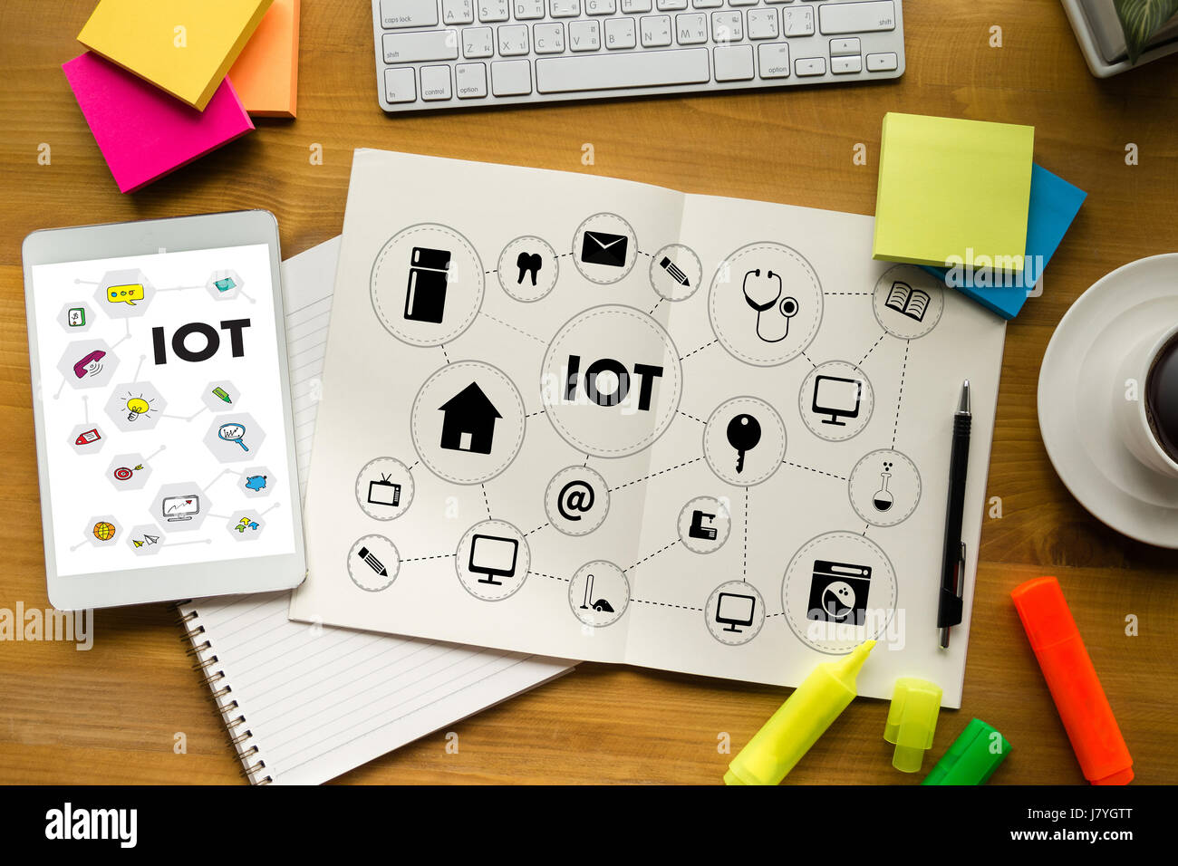 IOT business man hand working and internet of things (IoT) word diagram ...